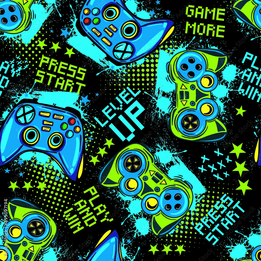 Abstract Seamless graffiti pattern with joystick. Gamer elements for ...