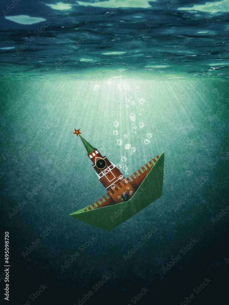 A paper boat with a Kremlin tower is sinking in the depths of the sea ...
