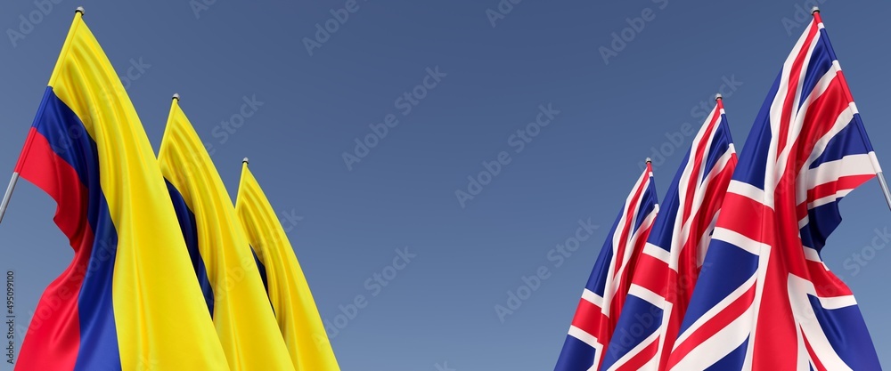 Flags of the United Kingdom and Colombia on flagpoles on sides. Six ...