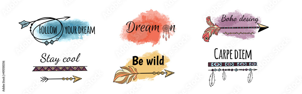 Lettering in boho style for print and posters. Hippie quotes collection ...