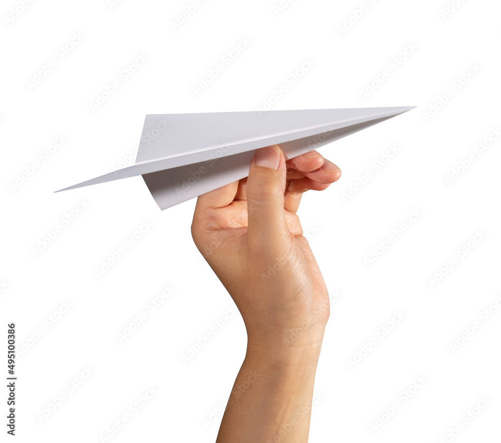 Hand holding paper plane isolated on white background. concept new ...