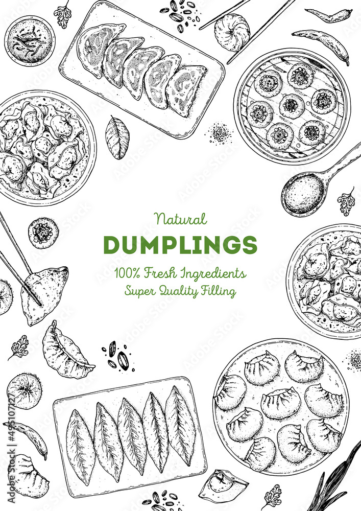 Dumplings top view frame. Food menu design template. Hand drawn vector ...