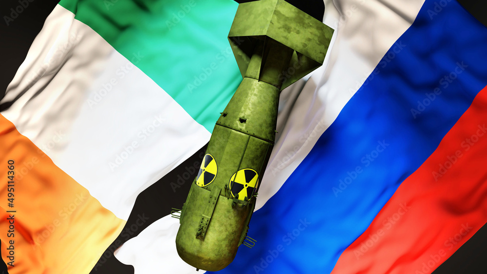 Ireland and Russia nuclear war, conflict and crisis. National flags and ...