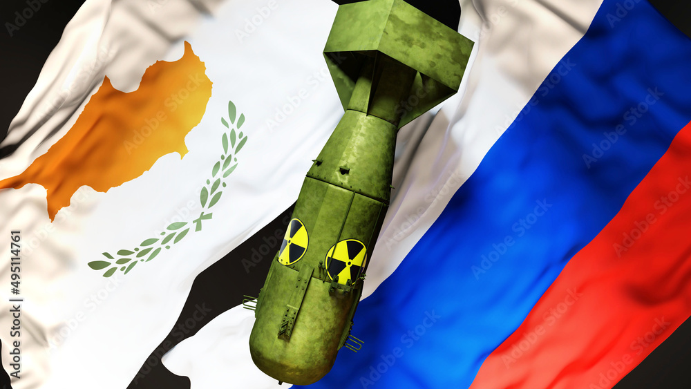 Cyprus and Russia nuclear war, conflict and crisis. National flags and ...