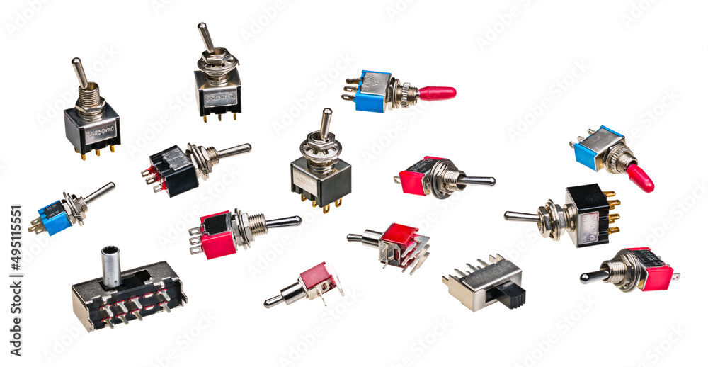Different types of electrical toggle switches isolated on a white ...