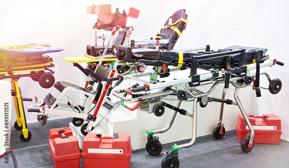 Medical trolleys for transporting patients to ambulances Stock Photo ...