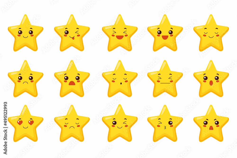 Star character. Golden funny stars with face emotions, cute cartoon ...