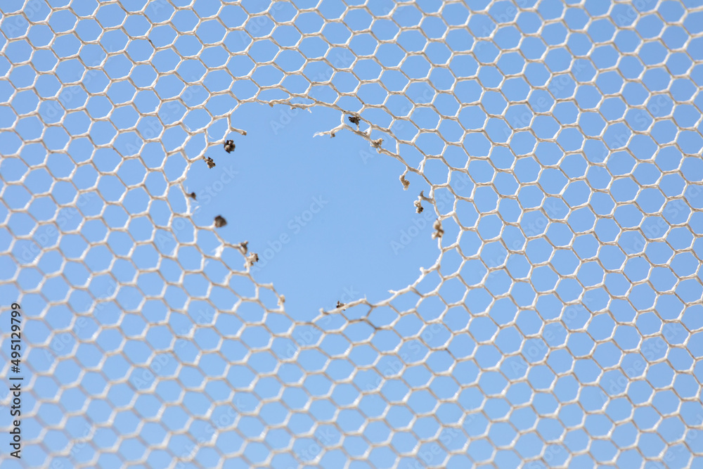 Burnt hole in insect netting. A hole in the whole, the concept of ...