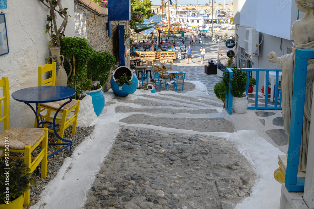 little colorful street in Kos city on Kos Island (Greece) Stock Photo ...