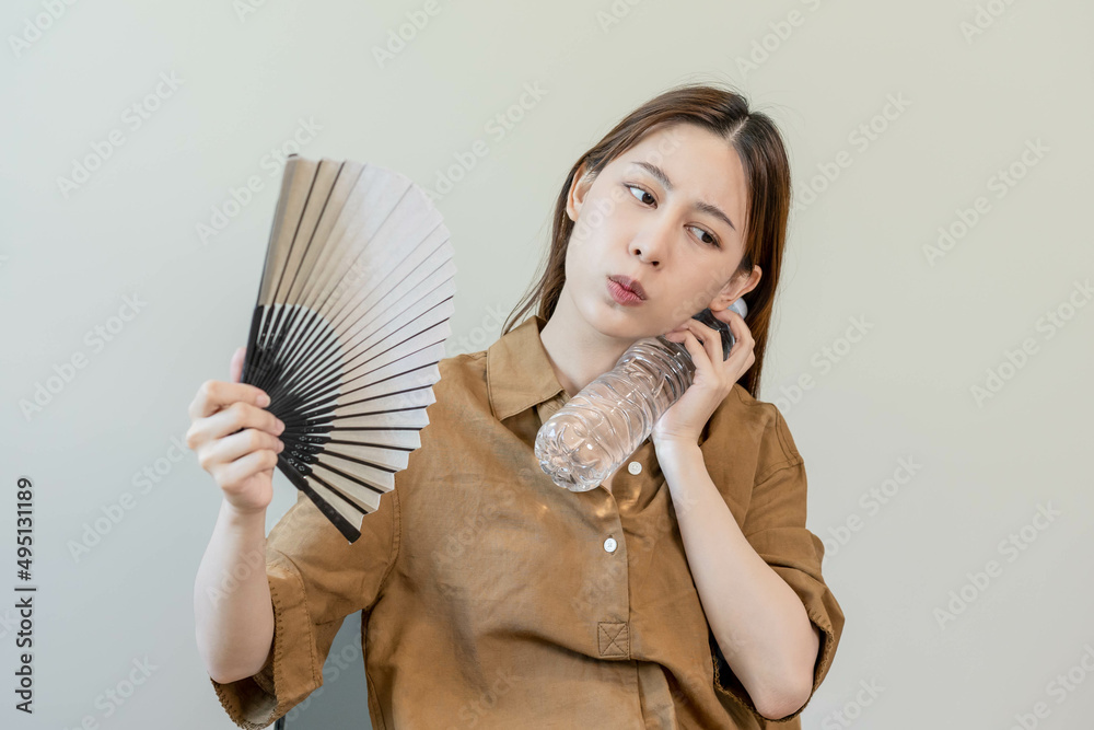 Summer heat stroke, hot weather, tired asian young woman sweaty and ...