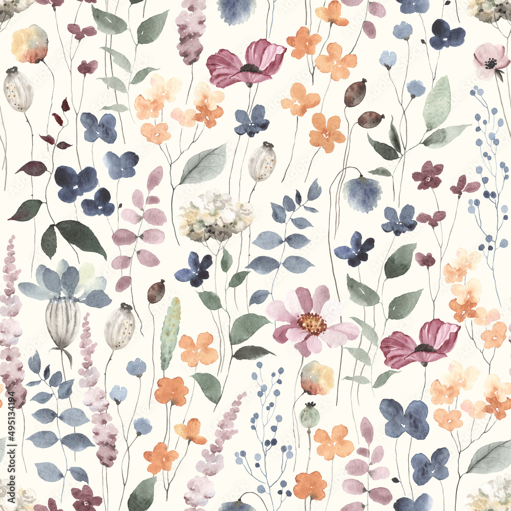 Watercolor floral seamless pattern in vintage rustic style, colored ...