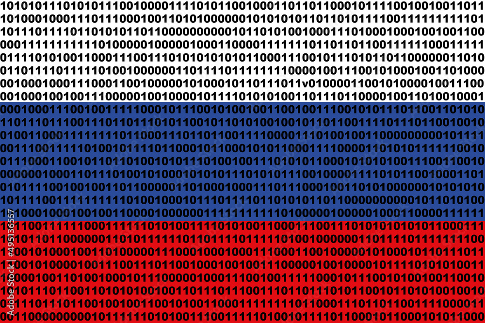 Hacker Russia. Digital Russian flag and a binary background ...