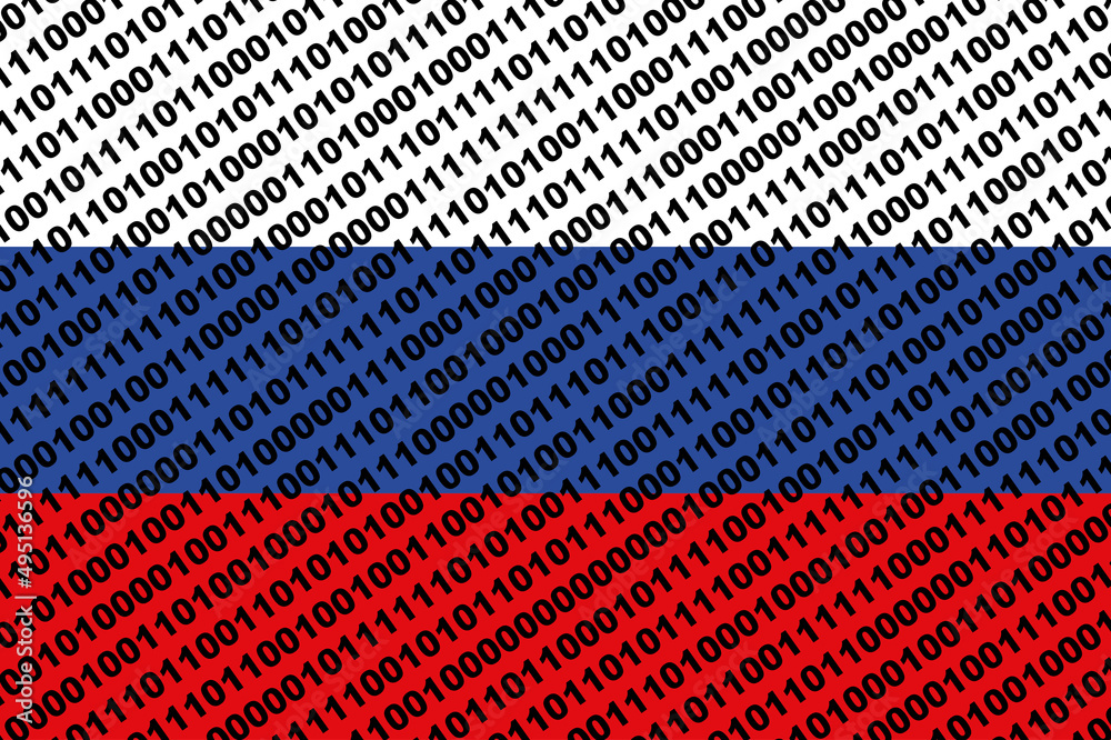 Hacker Russia. Digital Russian flag and a binary background ...