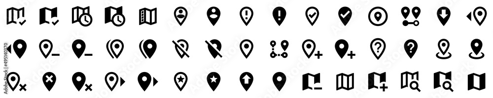 Collection of map icons. Black flat icon set isolated on white ...