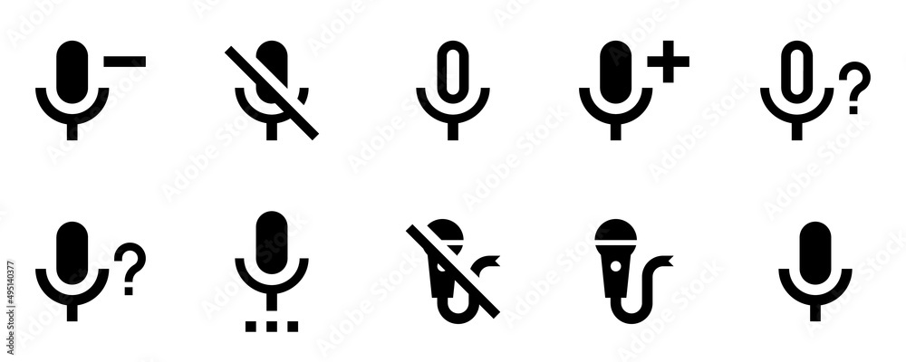 Collection of microphone icons. Black flat icon set isolated on white ...