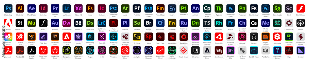 Adobe product logotype set. Collection button: Illustrator, Photoshop ...