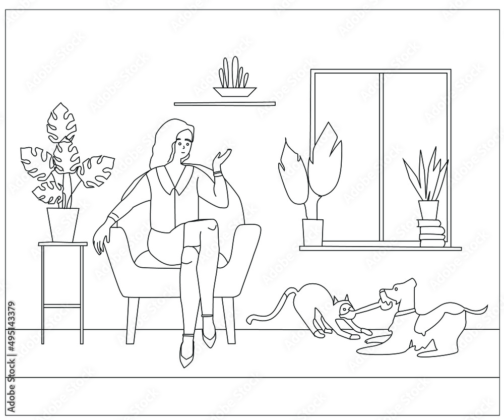 happy cute little kid girl play with pet cat- coloring book page Stock ...