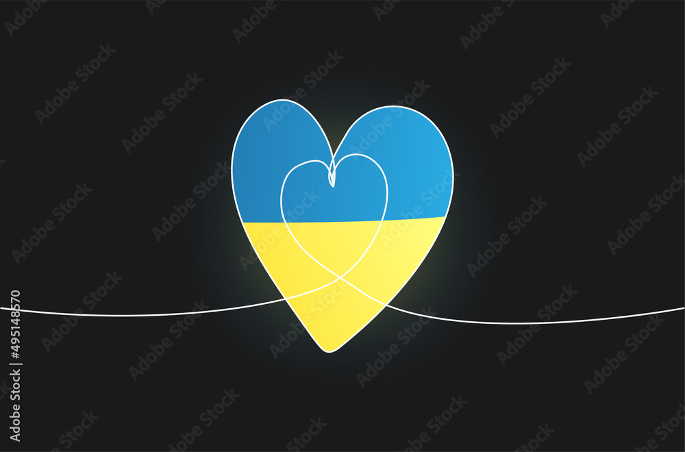 Continuous one line drawing of heart with Ukrainian flag colors ...