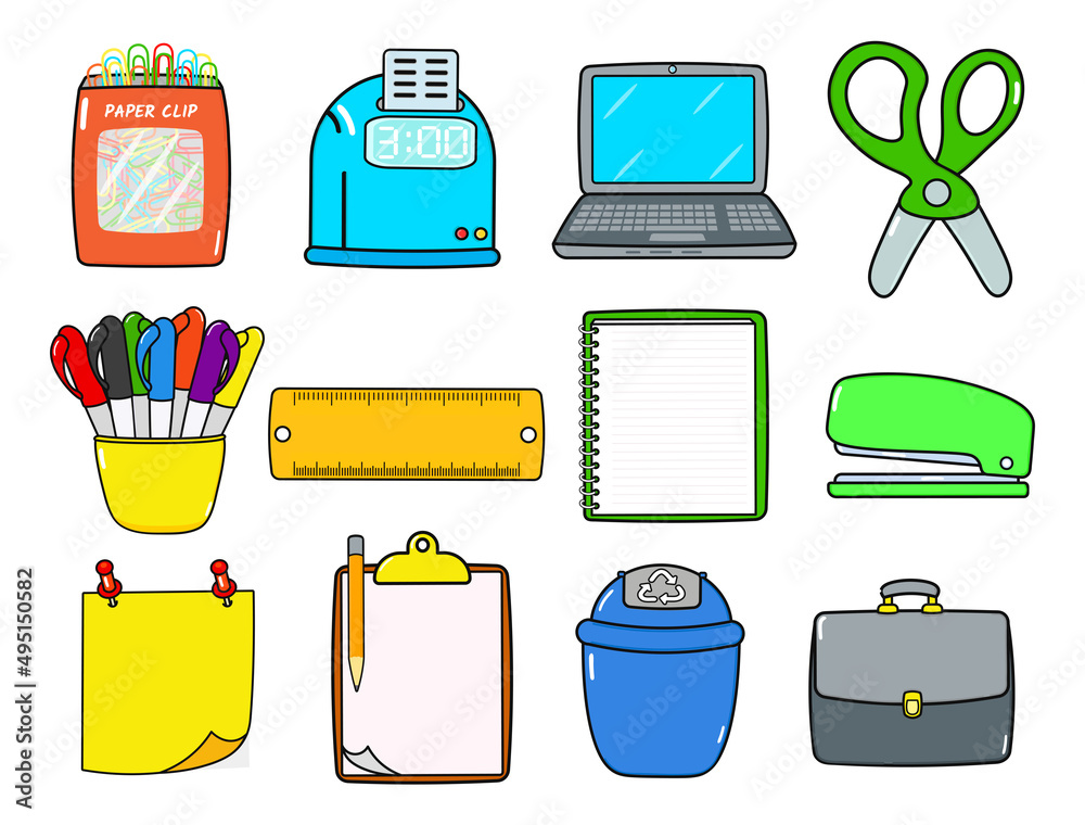 Funny happy work items characters bundle set. Vector hand drawn doodle ...