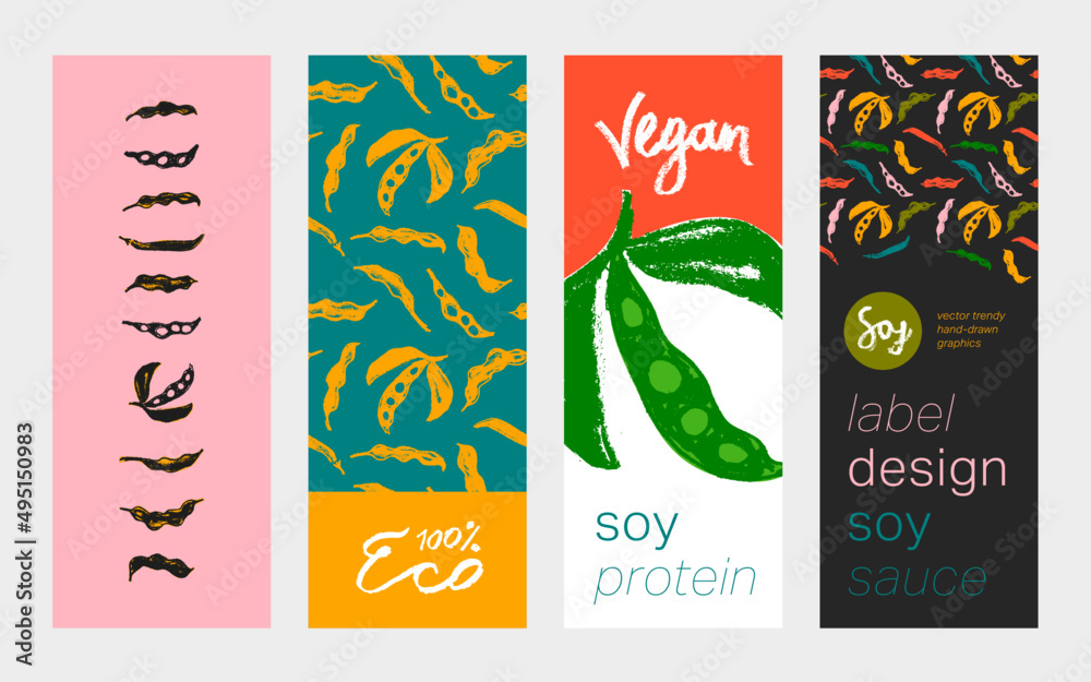 Vector label template with Soybean pattern seamless. Hand-drawn soy ...