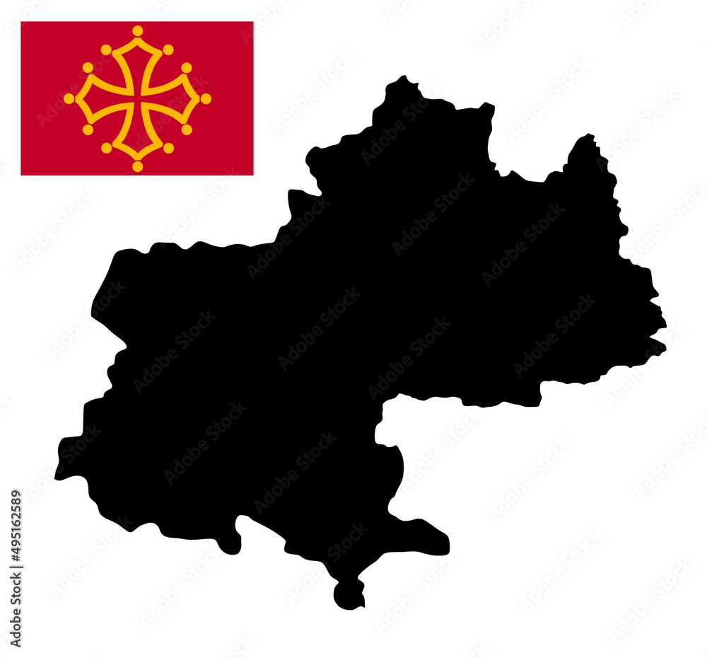 Midi Pyrenees map and flag vector silhouette illustration isolated on ...