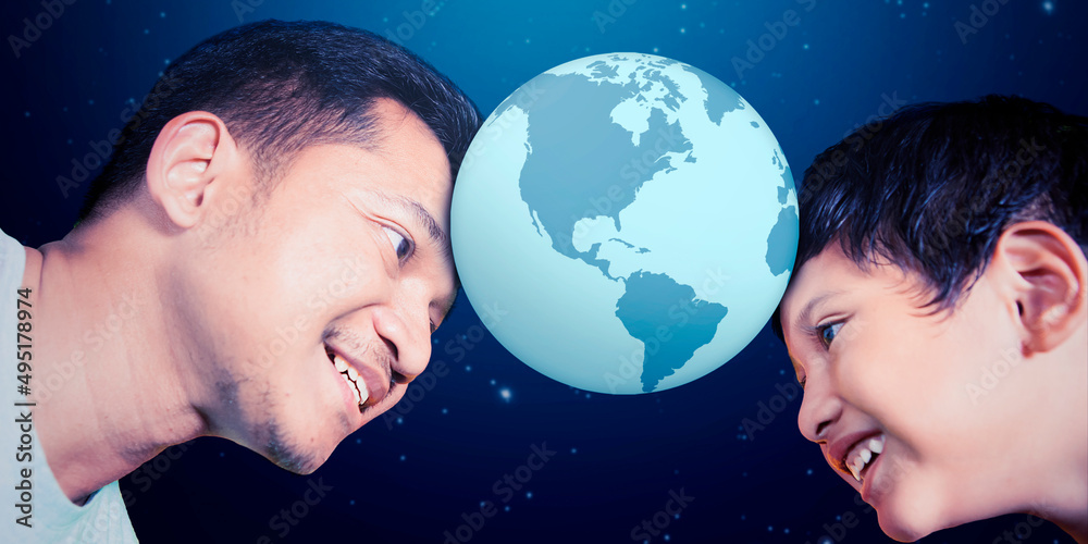 Child and father with earth globe on their heads Stock Photo | Adobe Stock