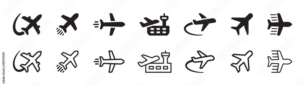 Airplane icon set. Plane symbol in black outline design. Stock Vector ...