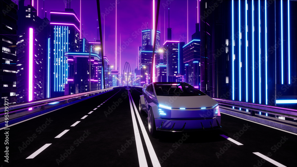 Futuristic transport car on highway in metaverse city. 3d render Stock ...
