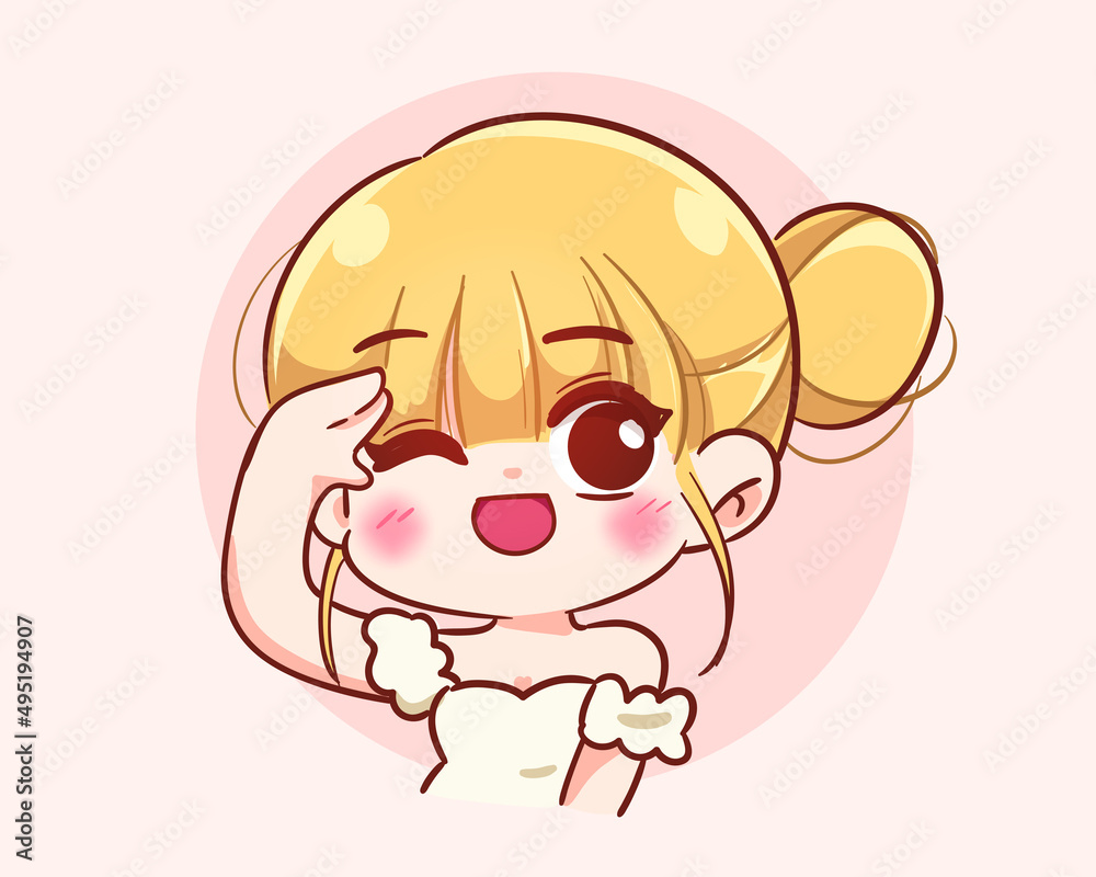 Cute girl showing hand posing copy that sign logo banner hand drawn ...