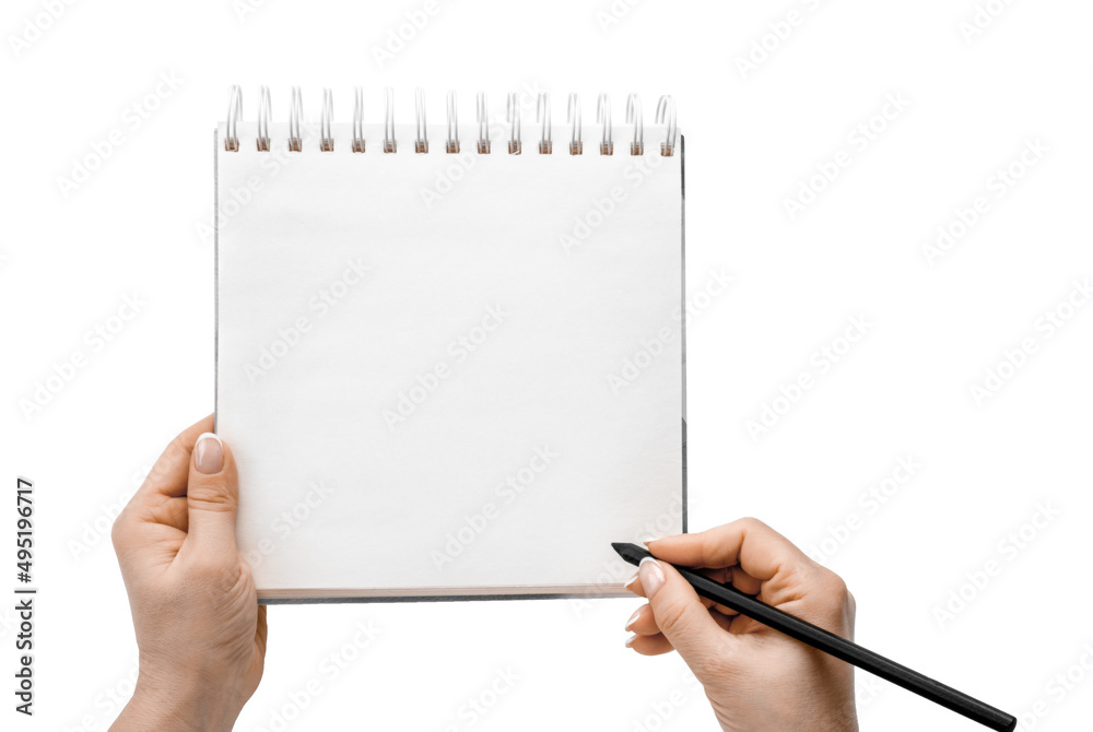 female hands writing in mockup notebook isolated on white background ...