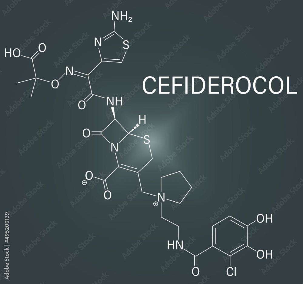 Cefiderocol antibiotic drug molecule (cephalosporin class). Skeletal ...