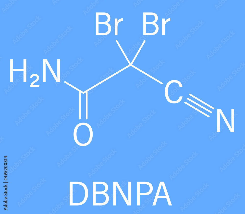 2,2-dibromo-3-nitrilopropionamide (DBNPA) biocide molecule. Skeletal ...