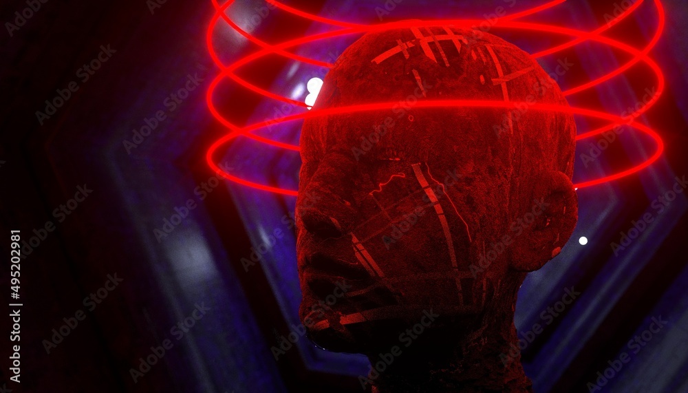 Craced face of cyborg Who destroed by nano robots on the space station ...