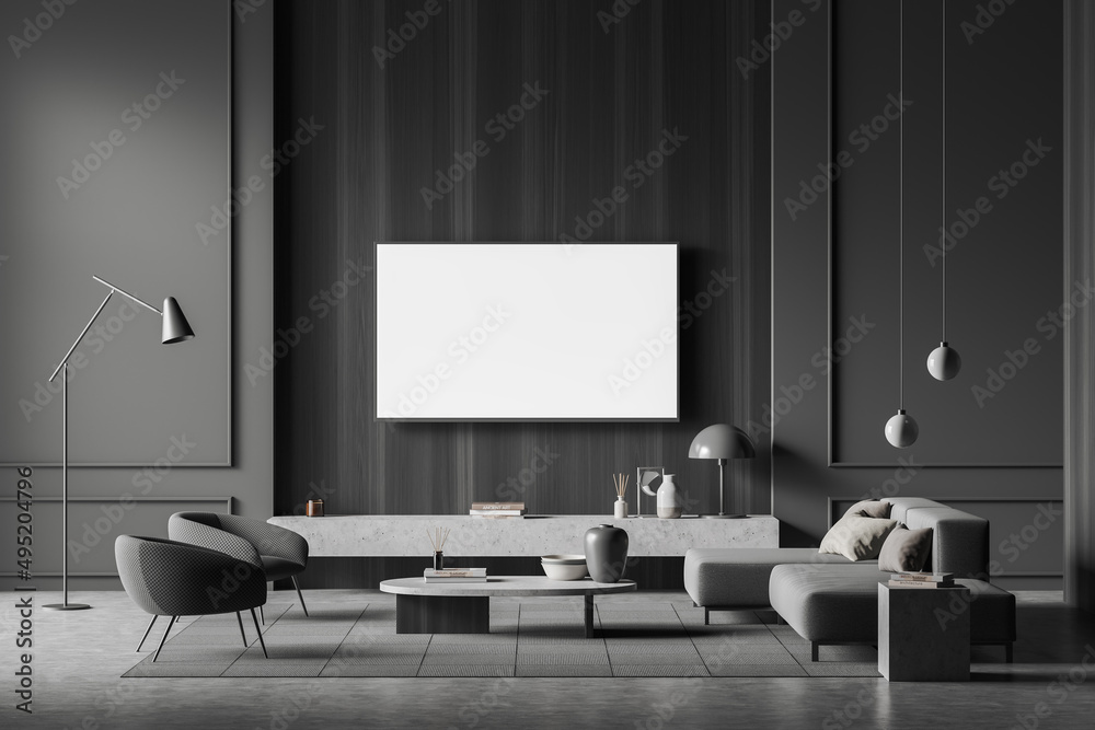 Lounge room interior with seats and tv set, stand with decoration ...