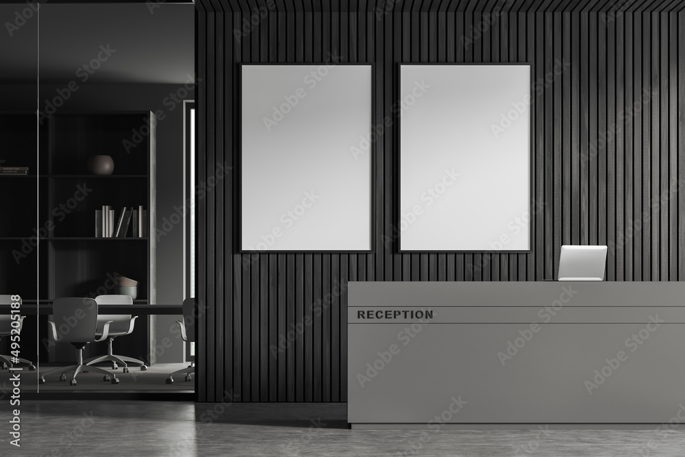 Dark office reception room interior with two empty white posters Stock ...