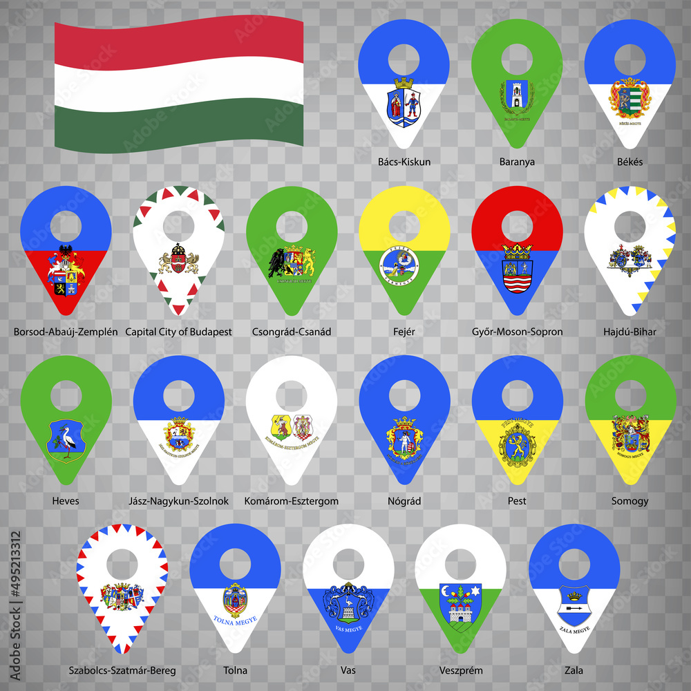 Twenty flags the Regions of Hungary - alphabetical order with name. Set ...