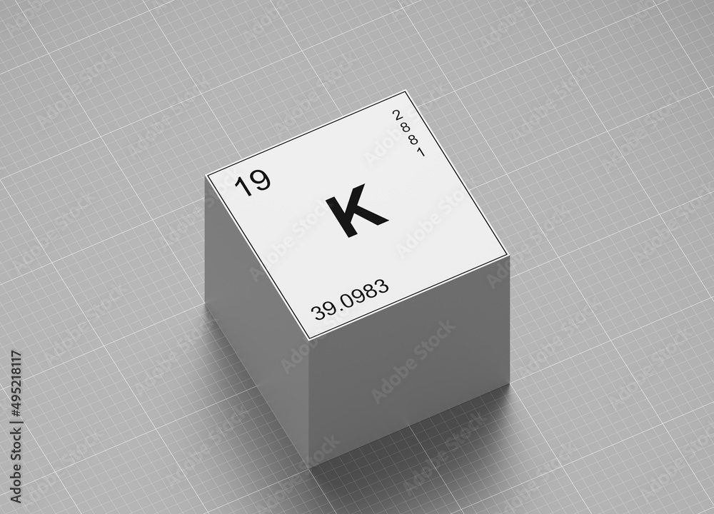 Potassium, element symbol from periodic table on white cube on ...