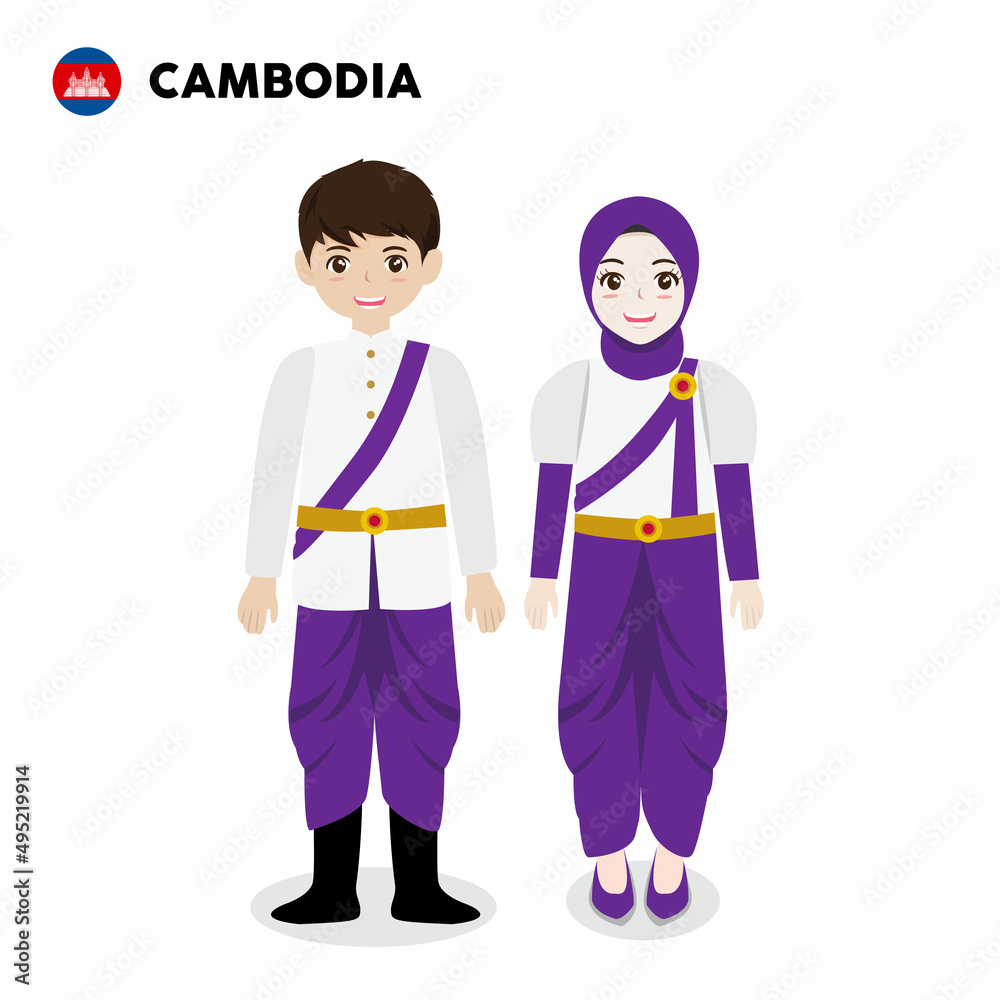 Couple Of Cartoon Characters In Cambodia Traditional Costume Vector Illustration Stock Vector