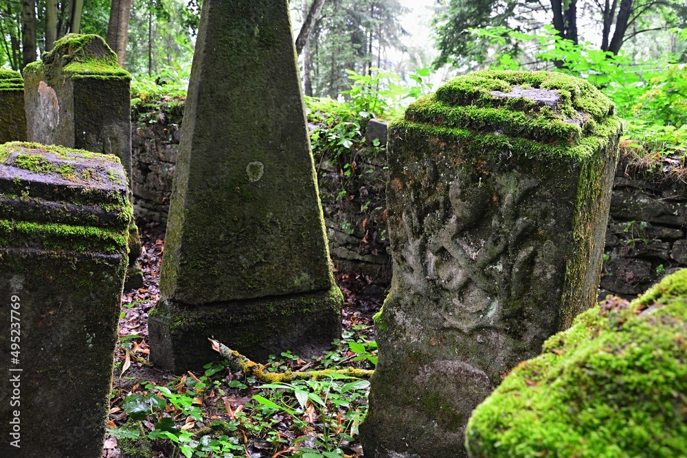 Remains of old church cemetery gravestones on Island Of Art in center ...
