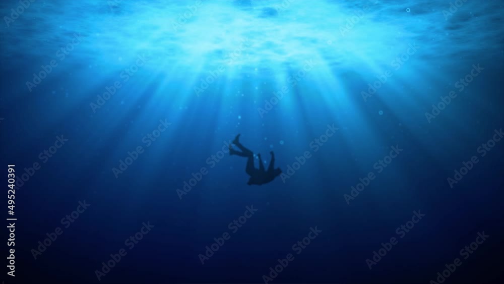 Drowning Man To The Deep of Ocean. Dramatic Underwater Scene with ...