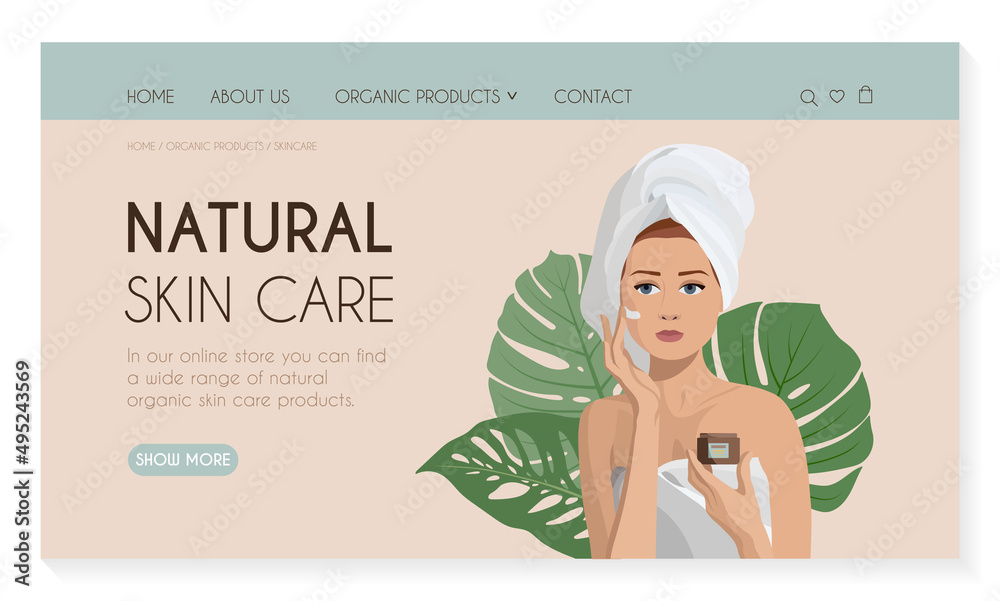 Landing page template for skin care. Concept of self-care with natural ...