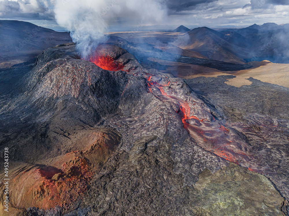 Volcanic crater on peninsula reykjanes of icelan. liquid lava flows ...