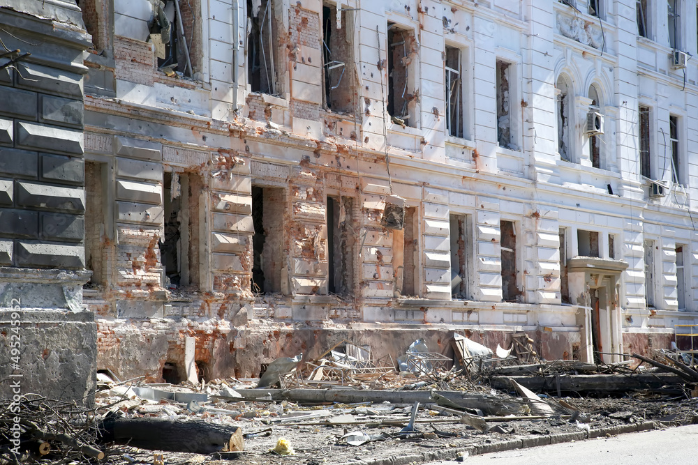 War in Ukraine. Destroyed Ukrainian house in the city of Kharkov as a ...