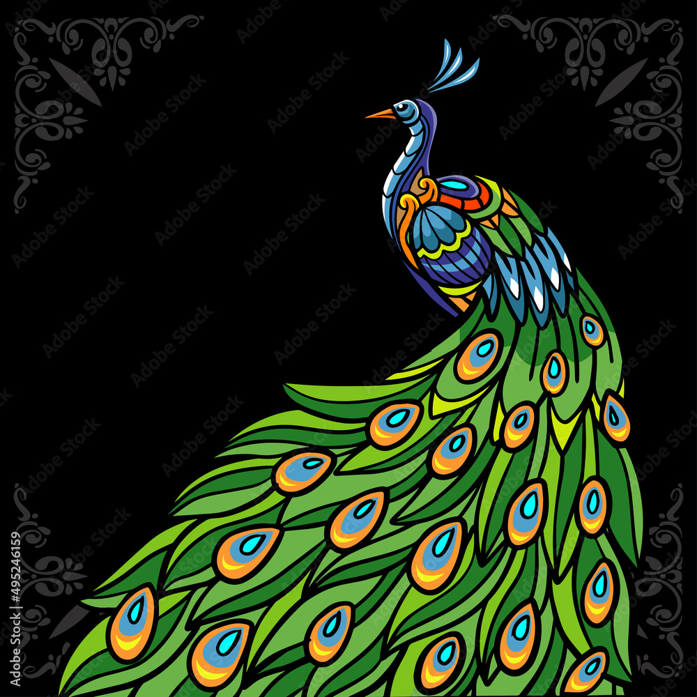 Colorful Peacock Bird Zentangle Arts Isolated On Black Background