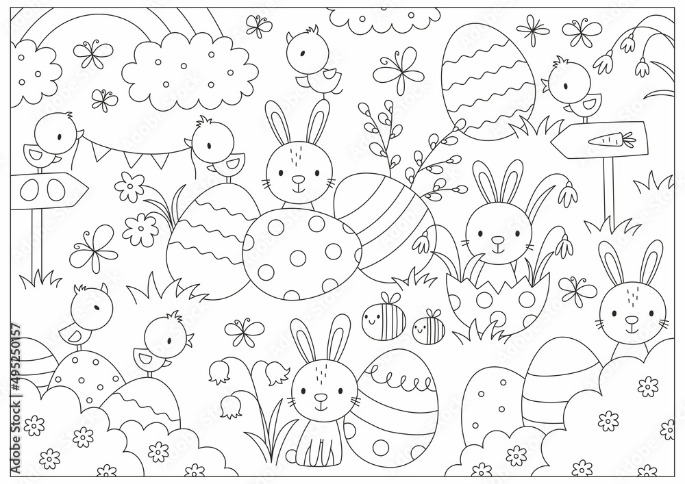 Happy Easter. Cute cartoon coloring page. Big vector coloring poster ...