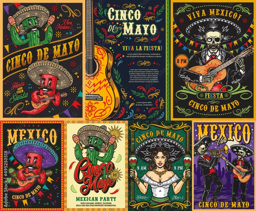 Mexican party colorful vintage posters set Stock Vector | Adobe Stock