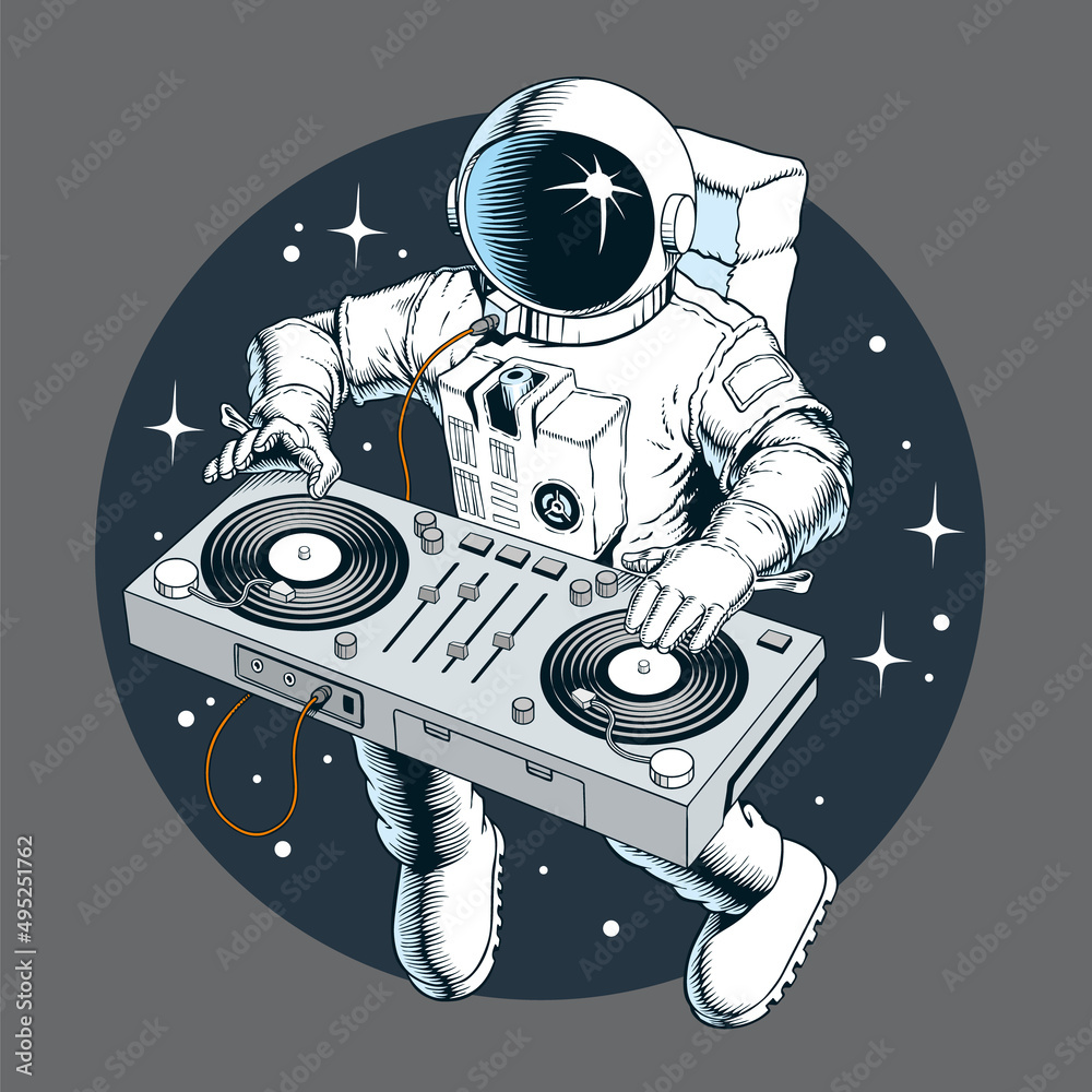 Astronaut dj with turntable in the space. Disco music party comic book ...