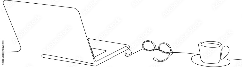 Continuous line drawing of a desktop with modern devices and office ...