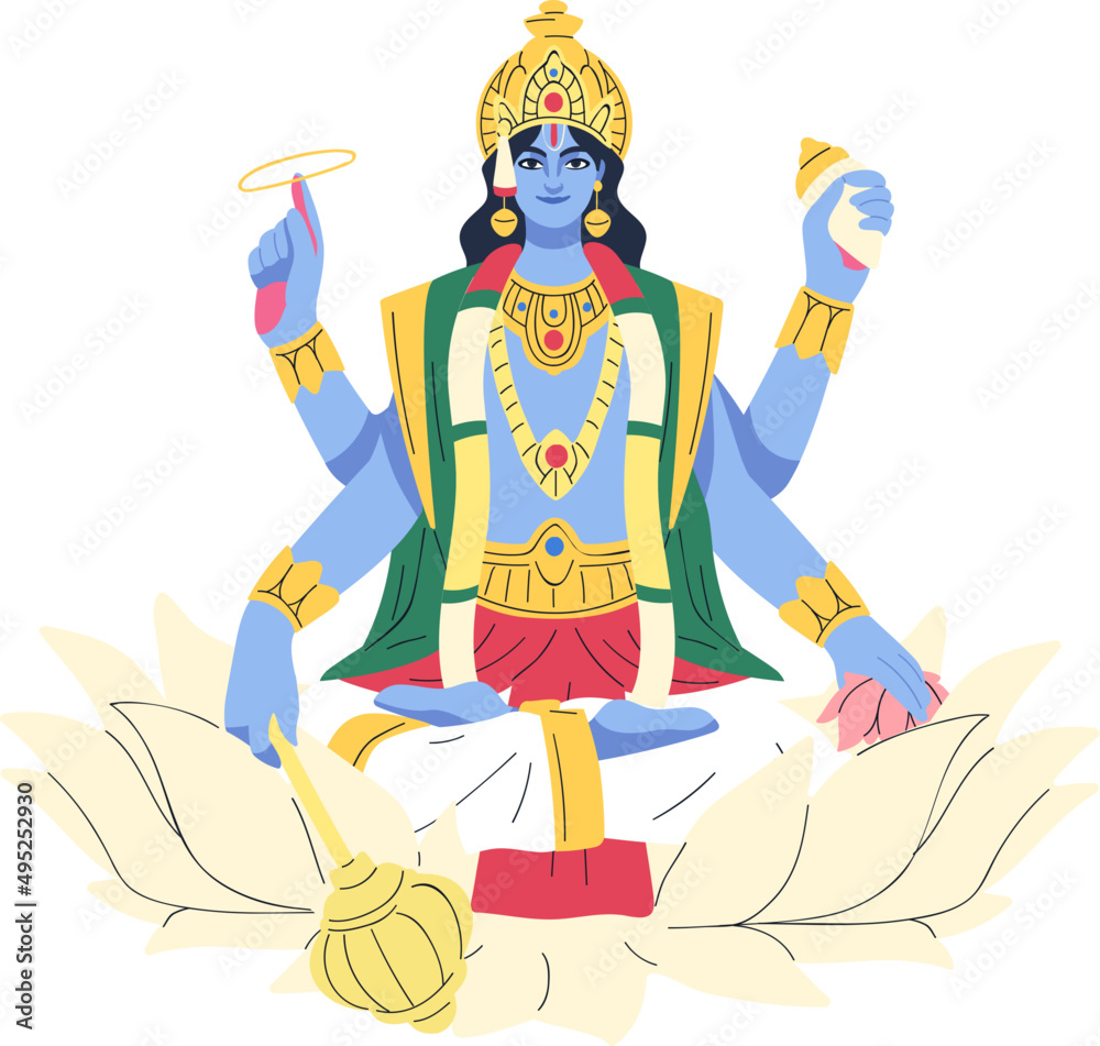 Indian Hindu Goddess Vishnu Colored Cartoon Illustration Stock Vector ...