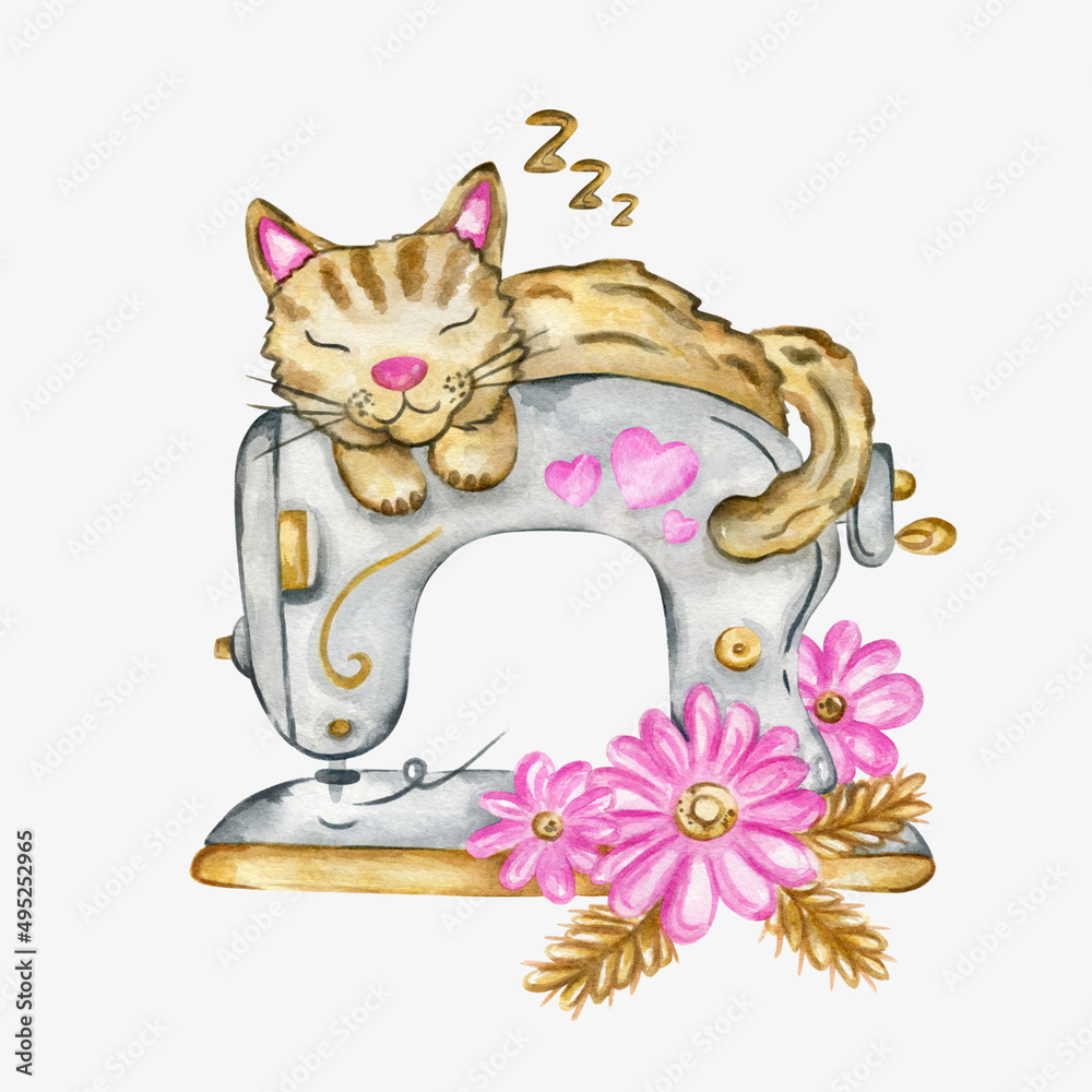 Watercolor sleepy cat. Premade hand draw logo for sewing shop and ...